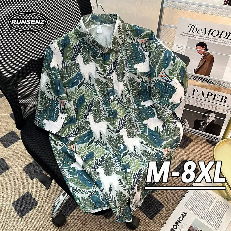M-8XL Korean Green Floral Shirt Men Plus Size Short Sleeve Shirt Casual Loose Oversized Top ...