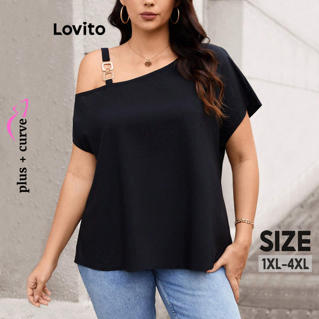 Lovito Plus Size Curve Elegant Plain One Shoulder Blouse for Women ...