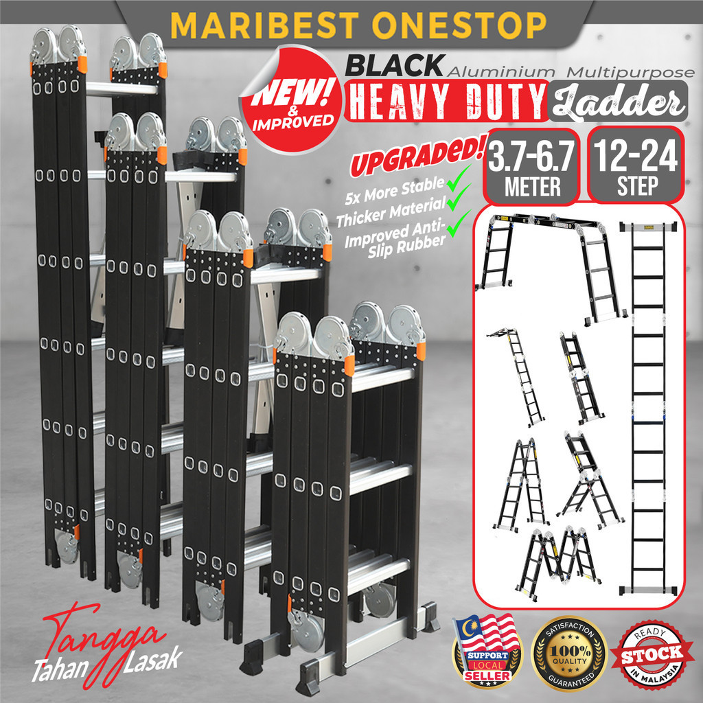 12 - 24 STEP ( 3.7M - 6.7M ) HEAVY DUTY Black Aluminium Multipurpose ...