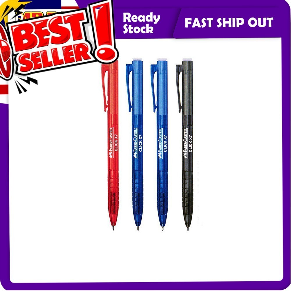 (4pcs) 0.7mm Pen Merah, Pen Biru, Pen Hitam FABER CASTELL Click X7 Ballpoint Pen Mix Colour ...