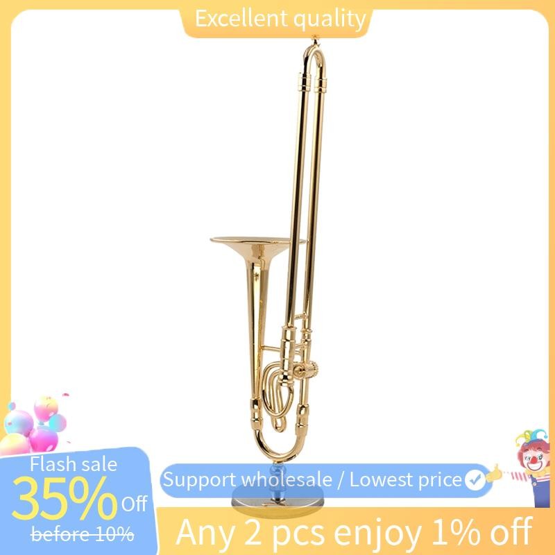 12cm Miniature Pure Copper Trombone Model with Support Mini Musical Instrument Model with Black ...