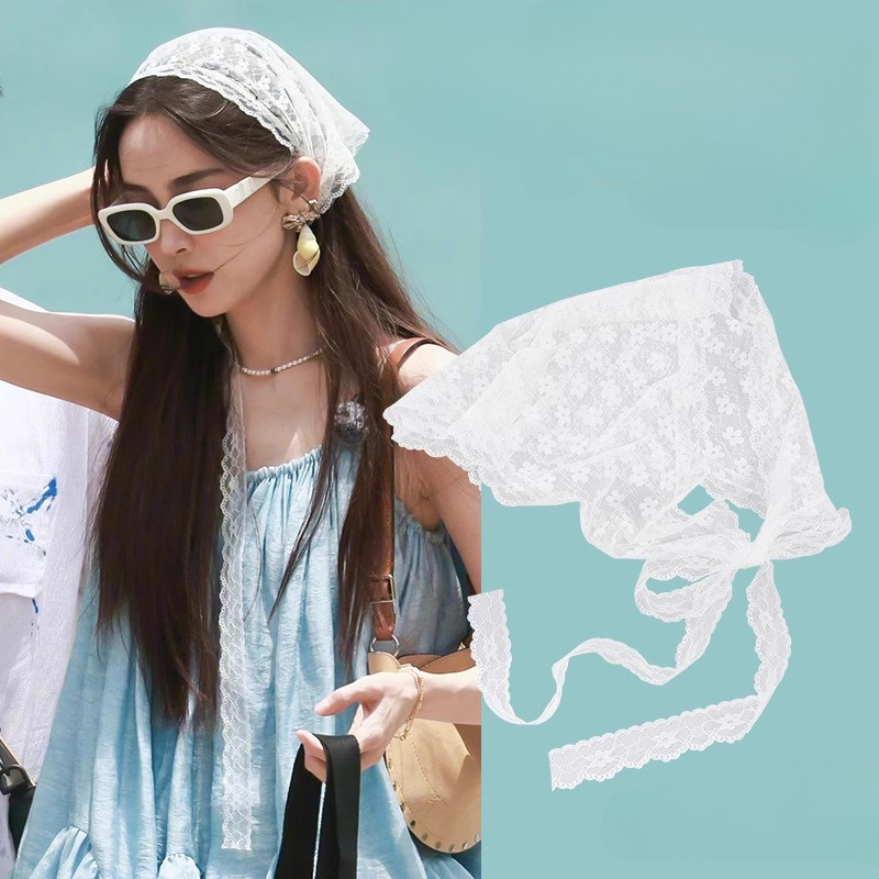 French Lace Women Summer Thin Seaside White Triangle Scarf Hairband ...