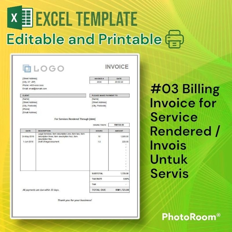 JGD [#03] Microsoft Excel Billing Invoice for Service Product Rendered ...