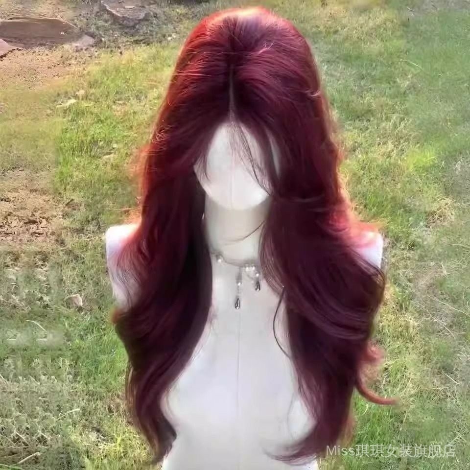 [7698 People Collection] Raspberry Red Wig Female Long Hair Middle ...