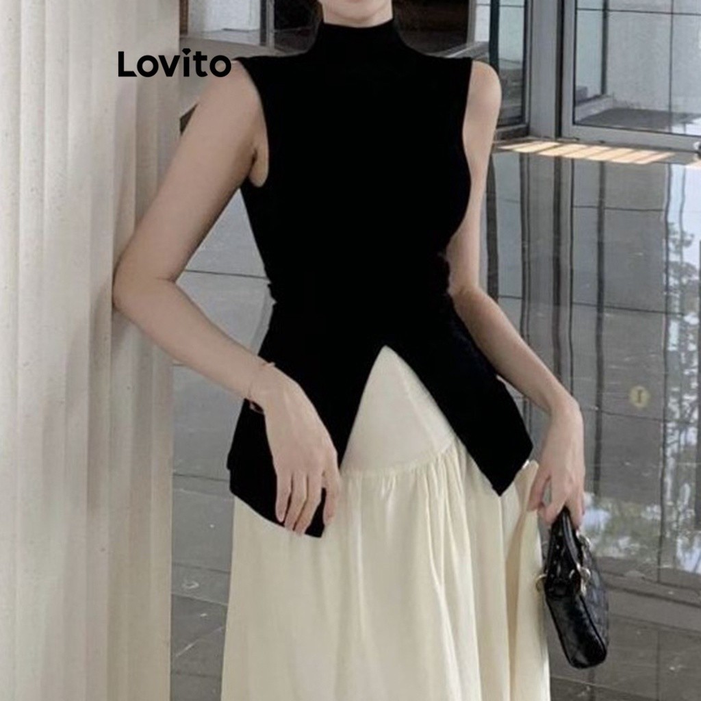 Lovito Elegant Plain Split Front Tank Top for Women LNE21107 (Black ...