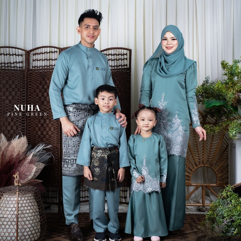 SET FAMILY RAYA KURUNG NUHA PINE GREEN- BAJU RAYA SEDONDON | Shopee ...