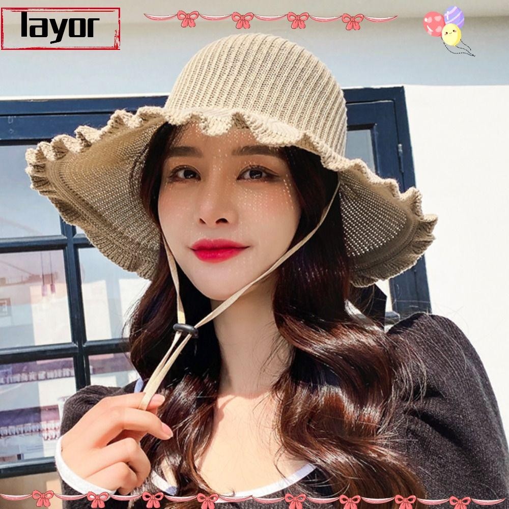 Layor Knitted Free Top Sun Hat Summer Outdoor Big Bows Ruffle Brim Cap