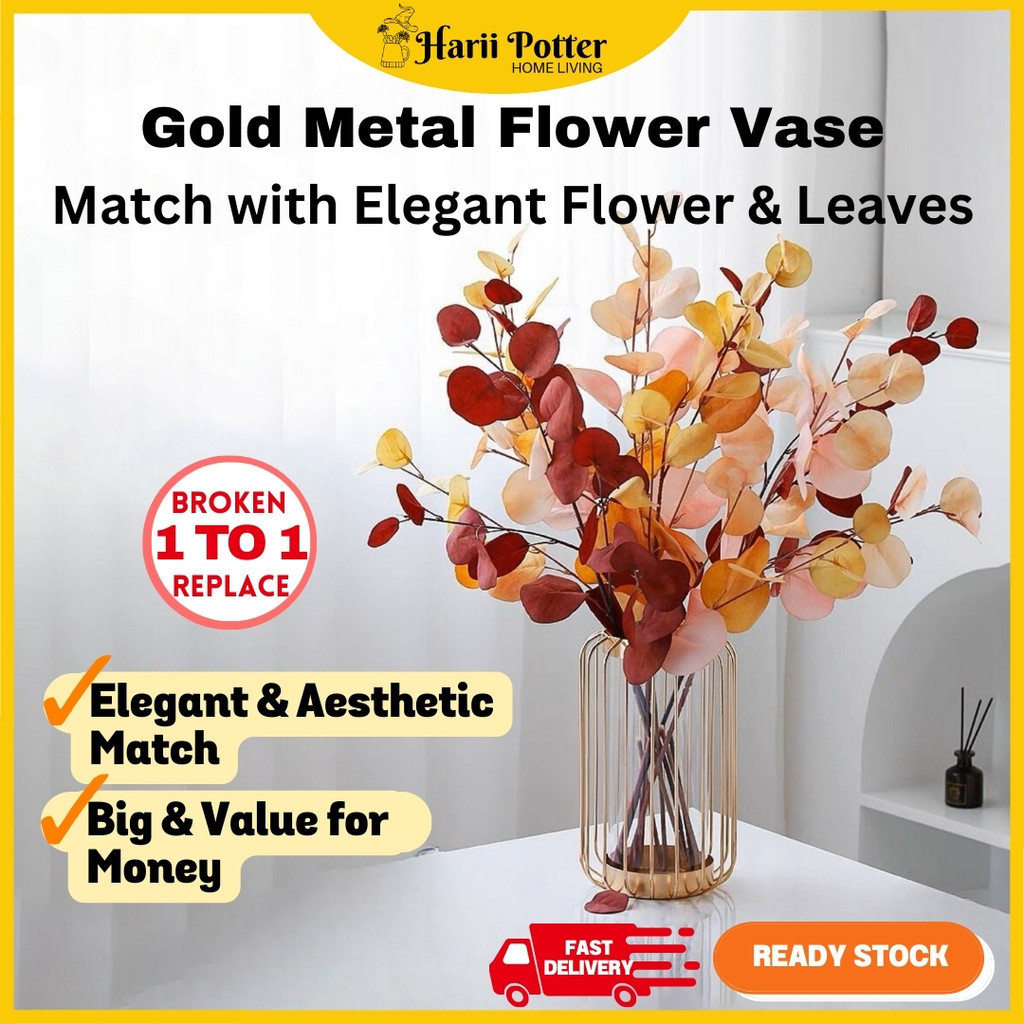 Big Gold Metal Glass Vase Eucalyptus Steel Vase Elegant Aesthetic Pasu ...