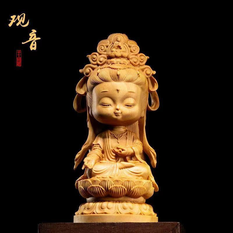 Shopee Official Yabo Cartoon Sitting Lotus Guanyin Solid Wood Carving ...