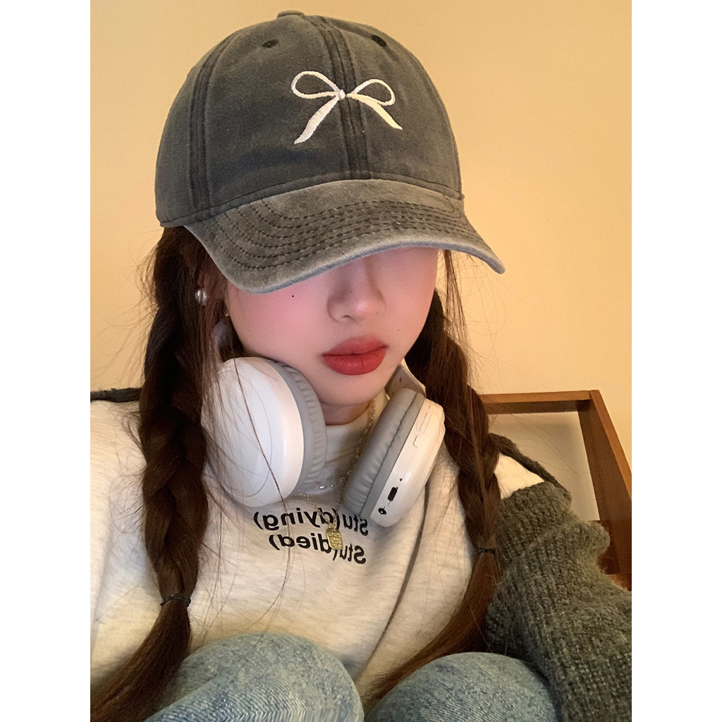 Korean Korean ins Designer Style Bowknot Embroidered Washed Denim Cap ...
