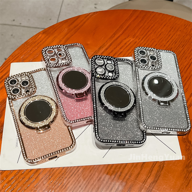 Luxury Diamond Casing Mirror Bracket Back Cover for IPhone 15 12 13 14 ...