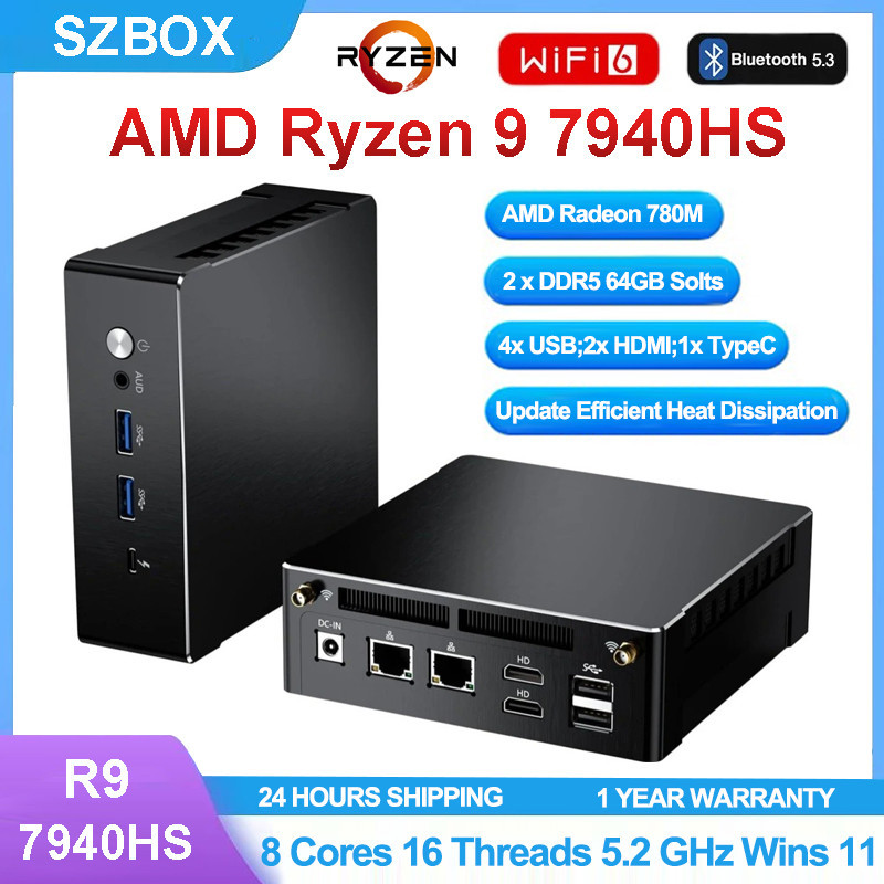 AMD Ryzen9 7940HS PCIE4.0 SSD Dual LAN 2*HDMI USB-C 4K 3Display Desktop ...