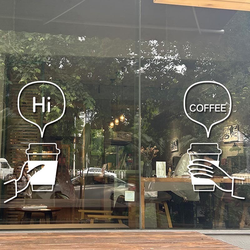 Coffee Shop Glass Door Decoration Hand Holding Coffee Cup Cartoon ...