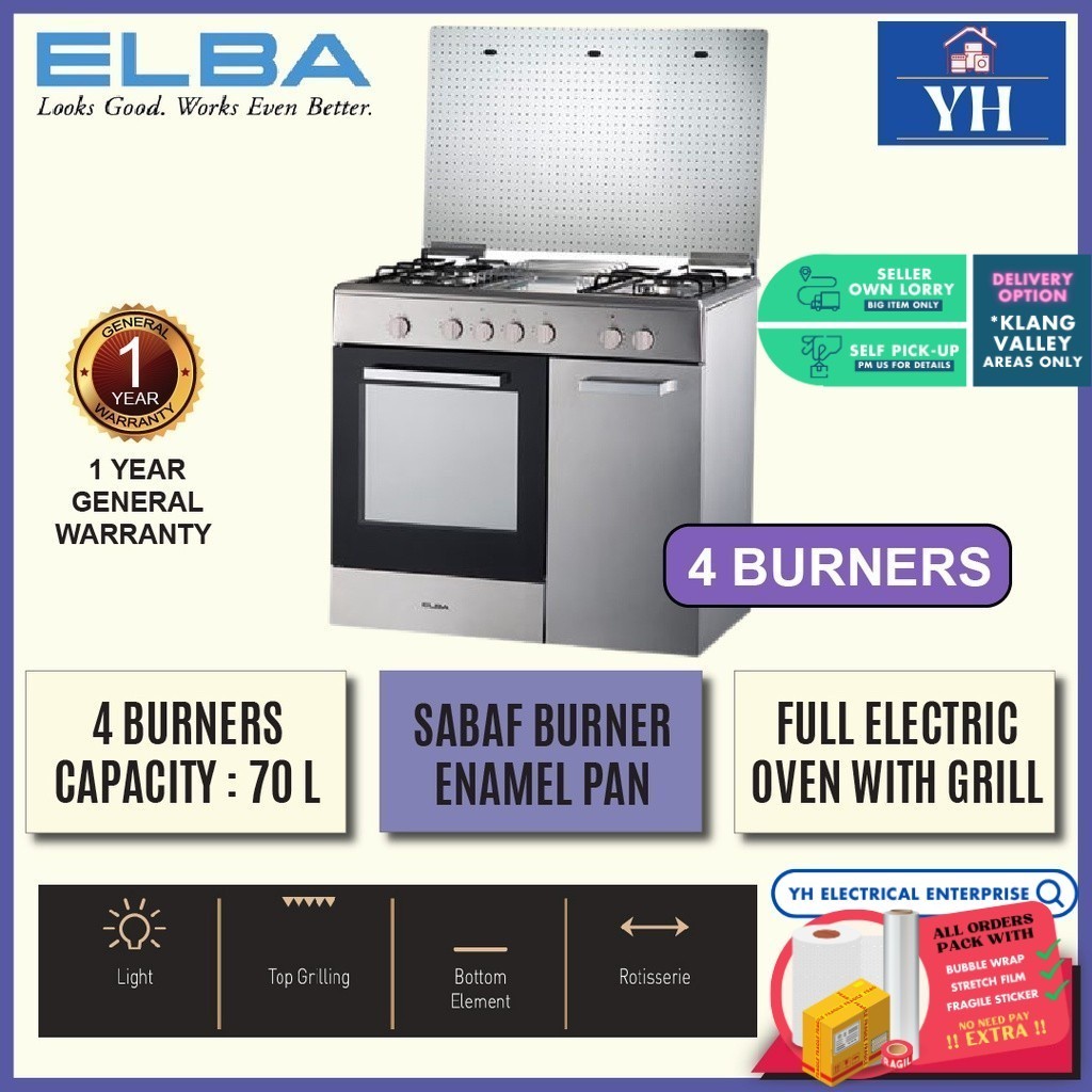 Elba EGC-C9784E 4 SABAF Burners 70L Electric Oven Stainless Steel Free Standing Gas Cooker with ...