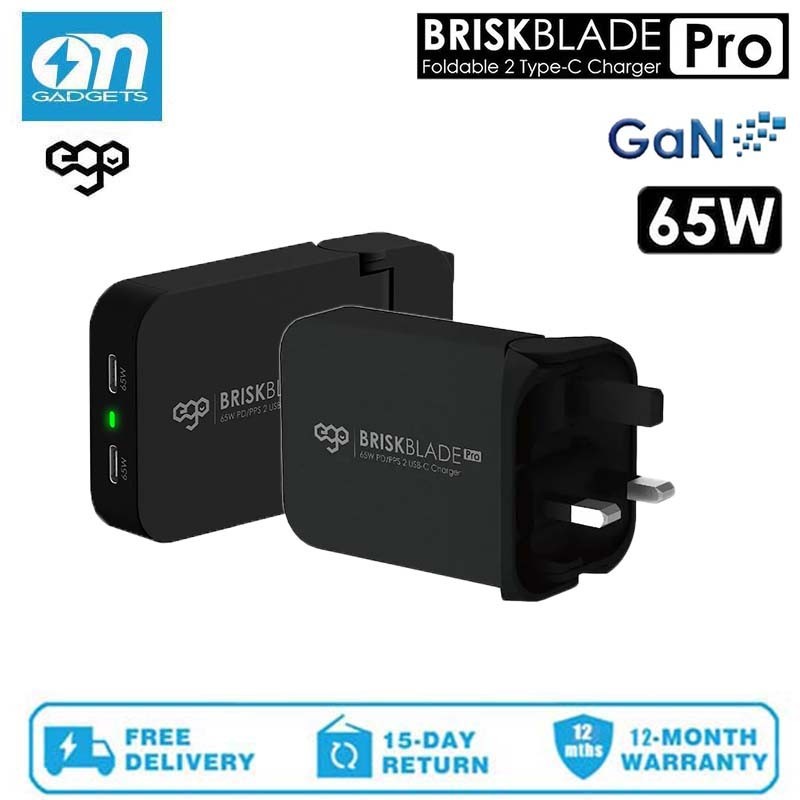 EGO 65W Brisk Blade Pro GaN Charger With UK Plug charging for lP, S23, Macbook, SWITH, GoPro ...