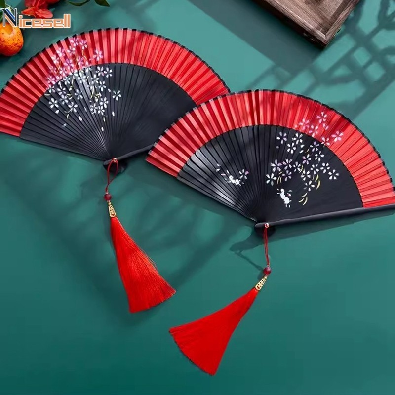 Chinese Style Hanfu Folding Fans Classical Black Red Handheld Fans Home ...