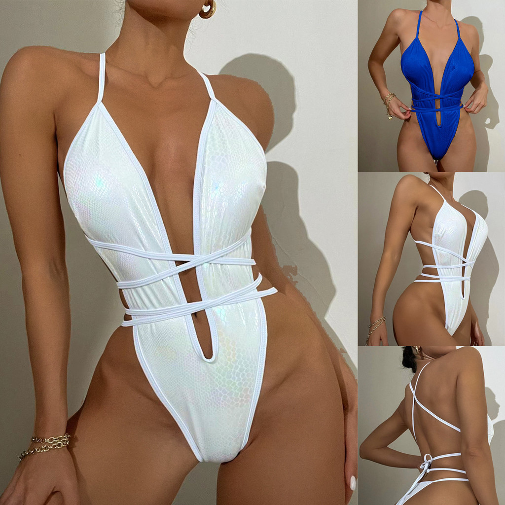 European American Sexy Deep V Neck Halter One Piece Female High Slit