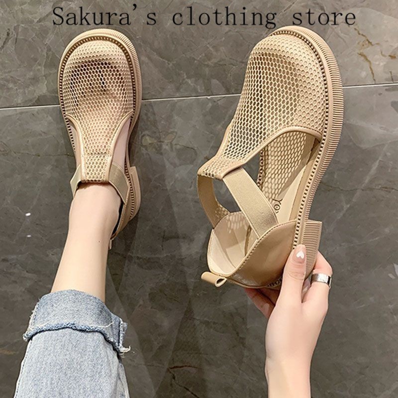 Mesh Toe Sandals Women 2024 New Style Medium Thick Heel Mesh Hollow ...