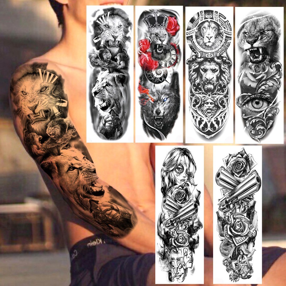 Ferocious Lion Military Temporary Tattoos Realistic Fake Full Arm Dark ...