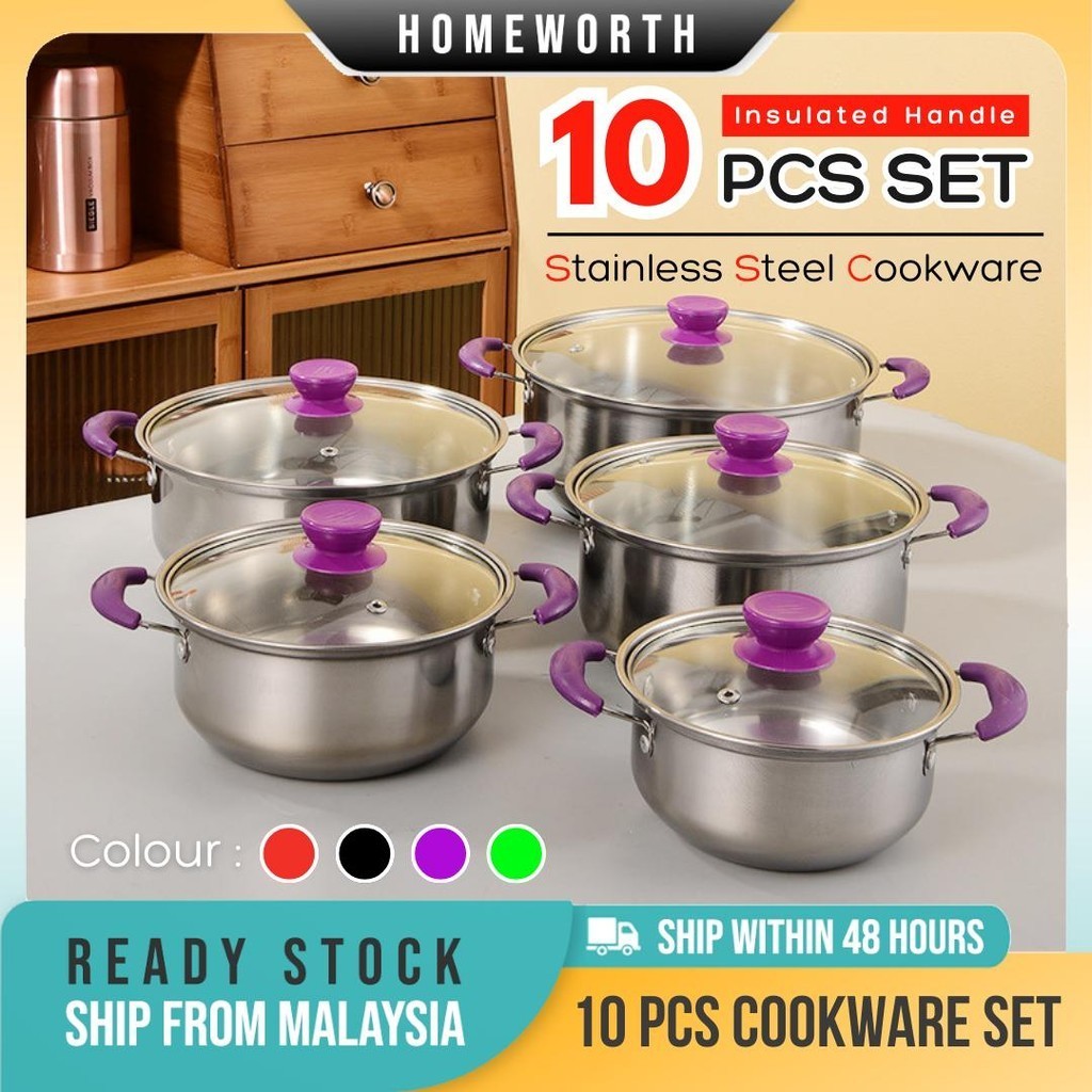 HOMEWORTH 10 Pcs Set Stainless Steel Soup Pot Cookware Sets With ...