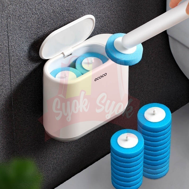 SyokSyok Ecoco Wall-Mounted Disposable Toilet Brush Set 360 No-Dead Corner Replacement Brush ...