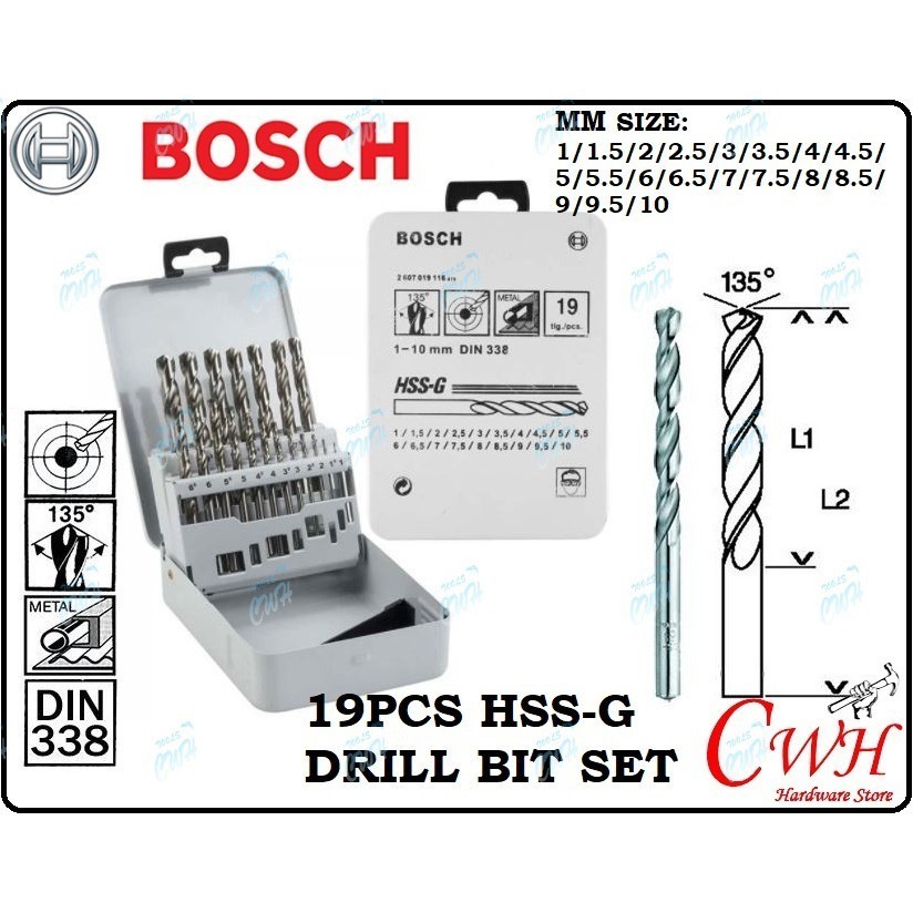 19PCS 10PCS 5PCS BOSCH HSS-G METAL DRILL BIT SET MATA GERUDI HIGH SPEED STEEL GSB10RE GSB10 ...