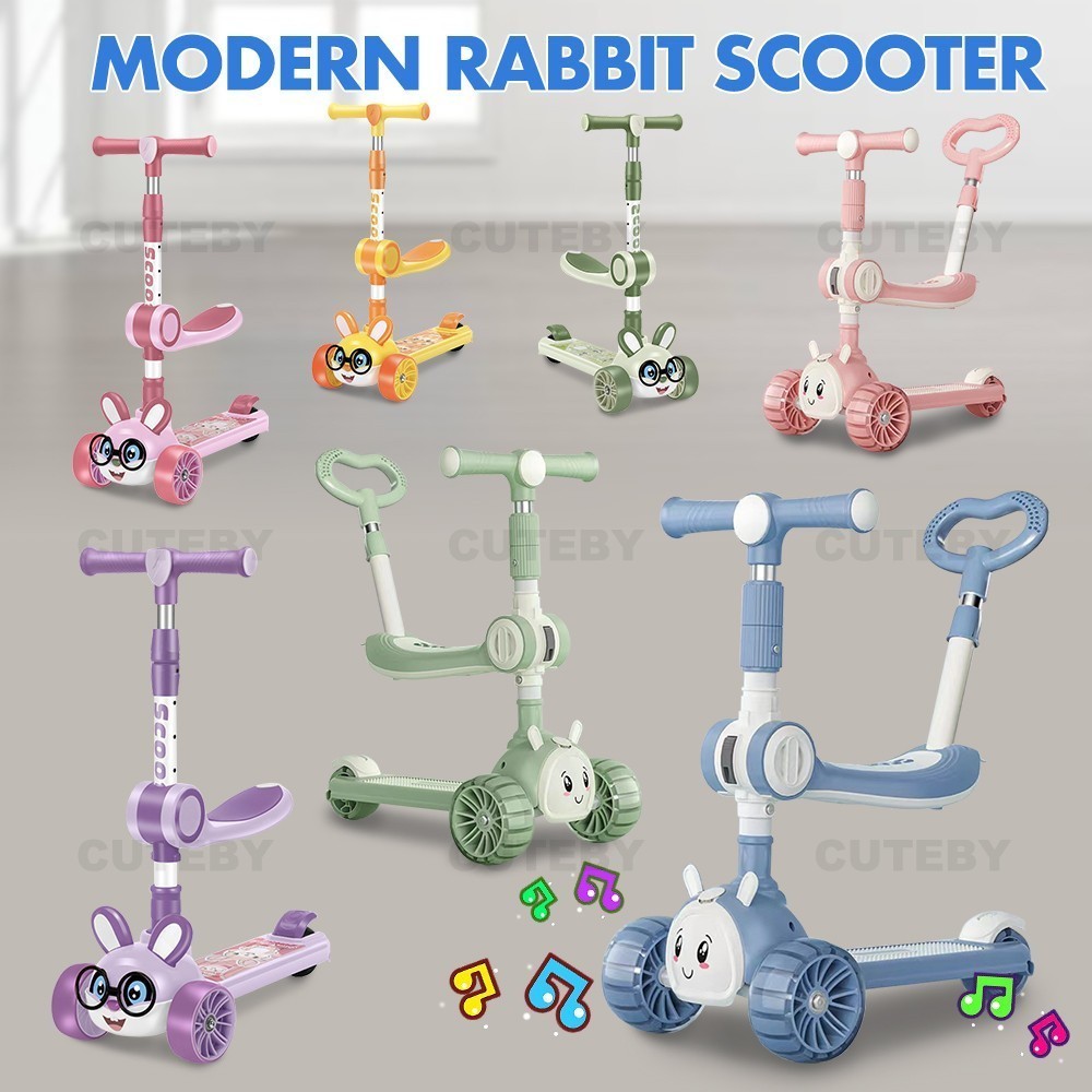 2 in 1 Adjustable Heights MODERN RABBIT SCOOTER LED Light Wheels,Music ...