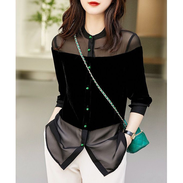 See-through Design Button Velvet Ladies Shirt 25 Spring Summer Fashion ...
