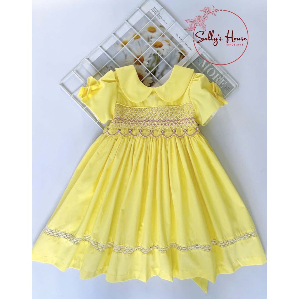 Hand-embroidered yellow smock dress for babies, yellow dress ...