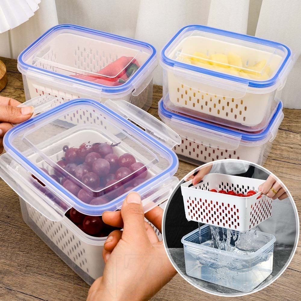 Vegetable Fruit Keeper - Double-Layer Sealed Box With Drain Basket ...