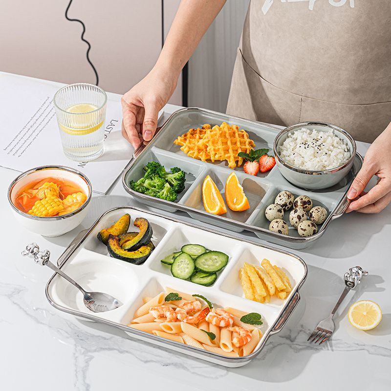 211减脂餐盤12 inch silver edge grid plate Ceramic dining tray Divided plate ...