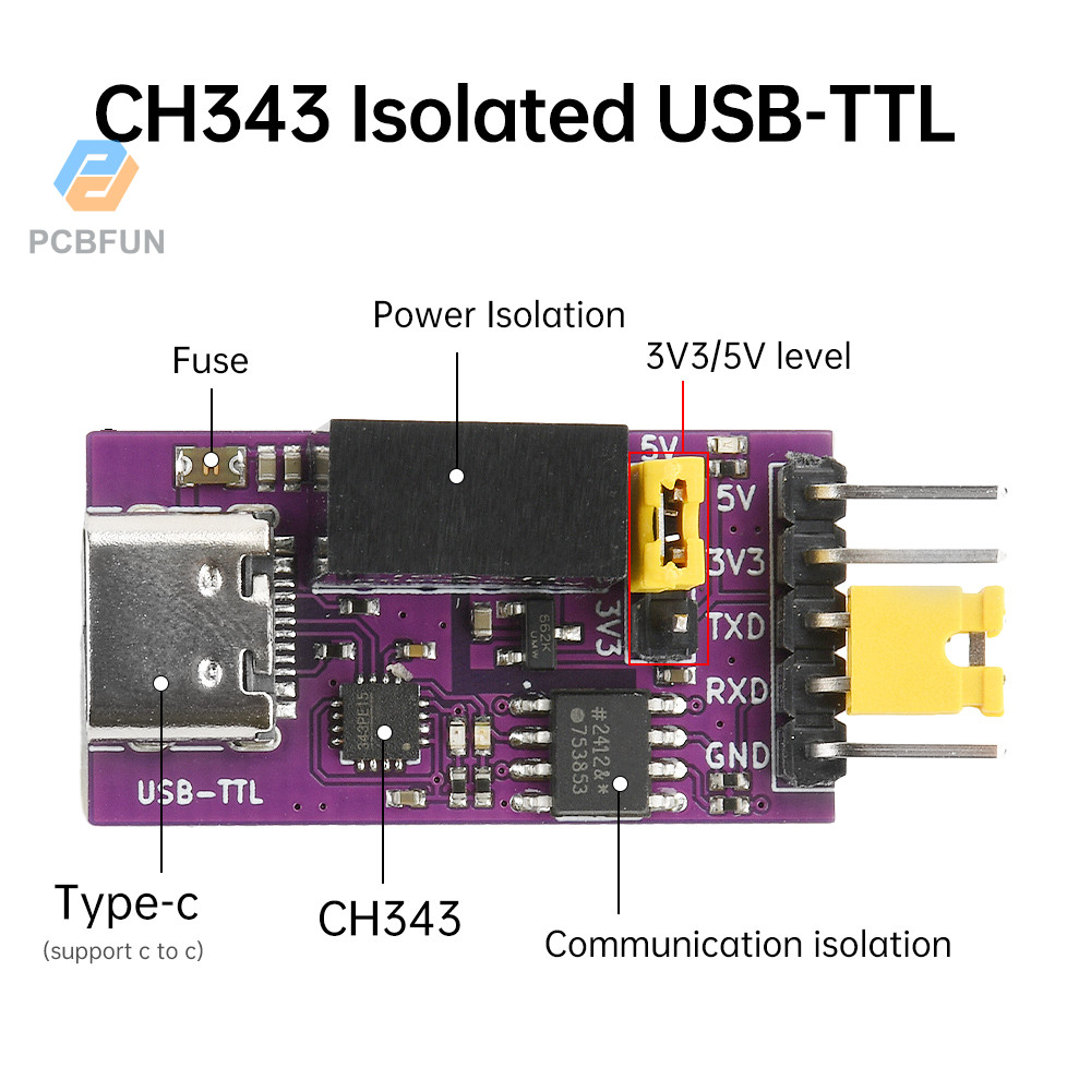 Pcbfun CH343 Isolated USB to TTL DC 3.3V/5V Serial Port Isolated ...