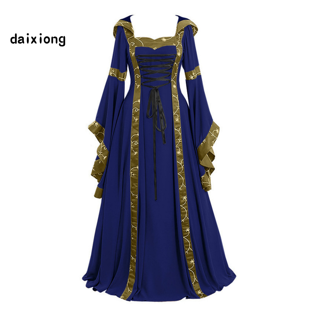 Long Dress Women Long Dress Medieval Royal Style Lace-up Hooded Bat ...