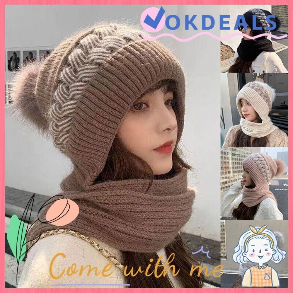 OKDSHOP Integrated Cap Scarf, Knitted Thickening Beanie Hat Scarf ...