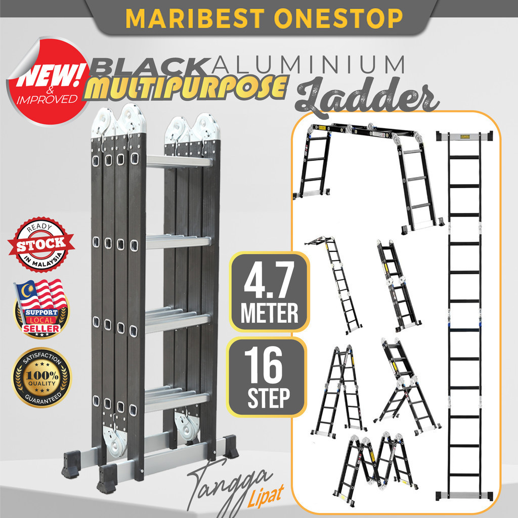 16 STEP (4.7M) Black Aluminium Multipurpose Ladder Folding Double Sided ...