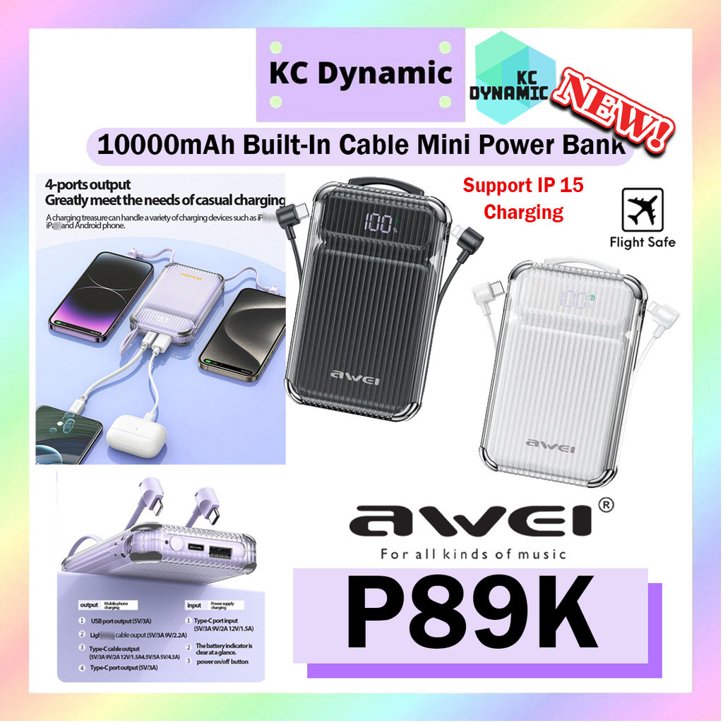Awei P89K 10000mAh 22.5W Fast Charging Mini Power Bank Built In Cable ...