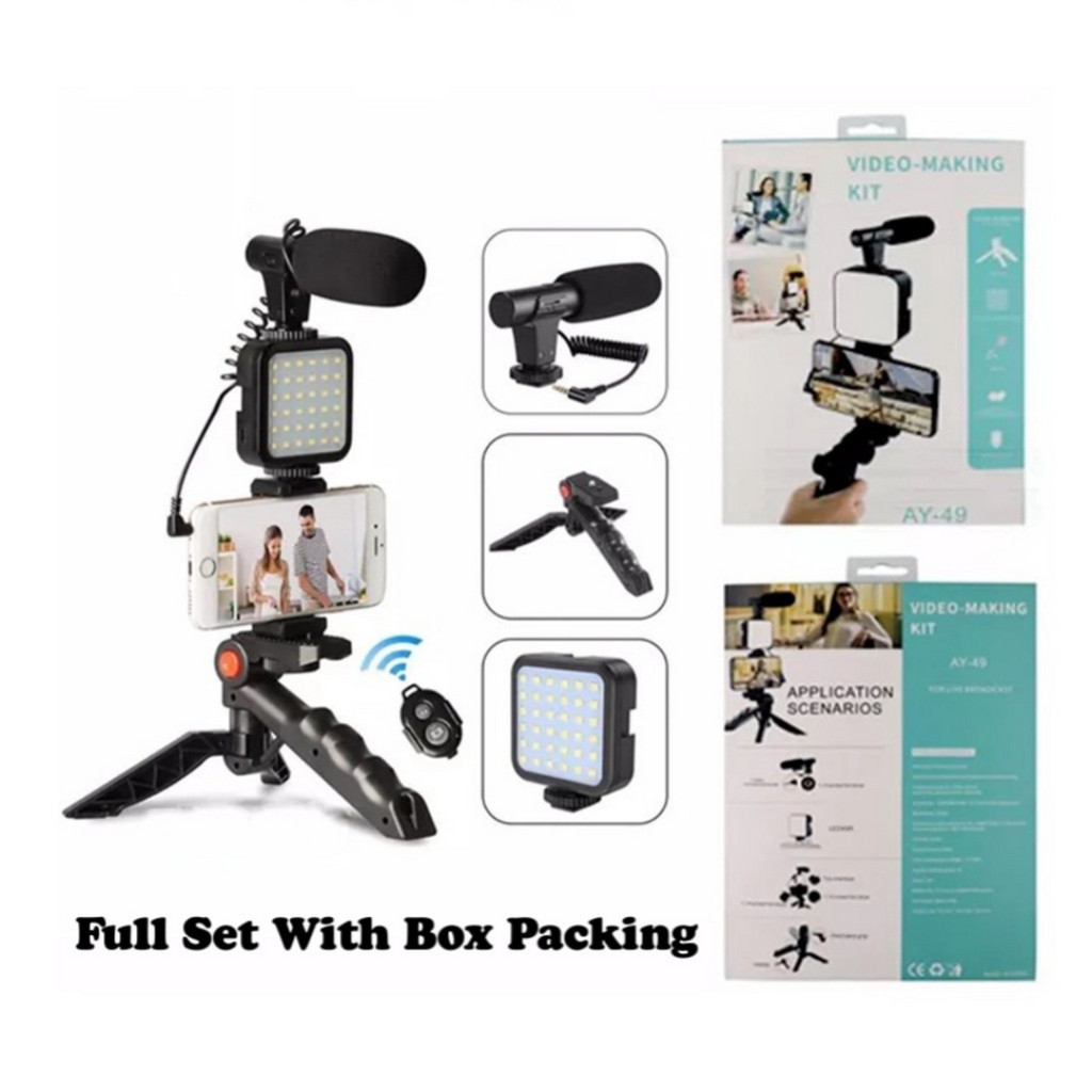 AY-49 / D-01 Video Making Vlog Tripod Kit with Microphone LED Light For Studio Live Streaming ...