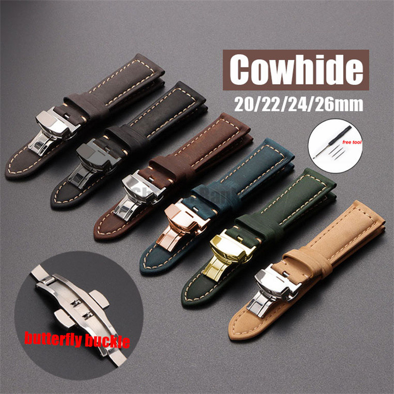 20mm 22mm 24mm 26mm Matte Genuine Leather Watch Strap Butterfly Buckle ...