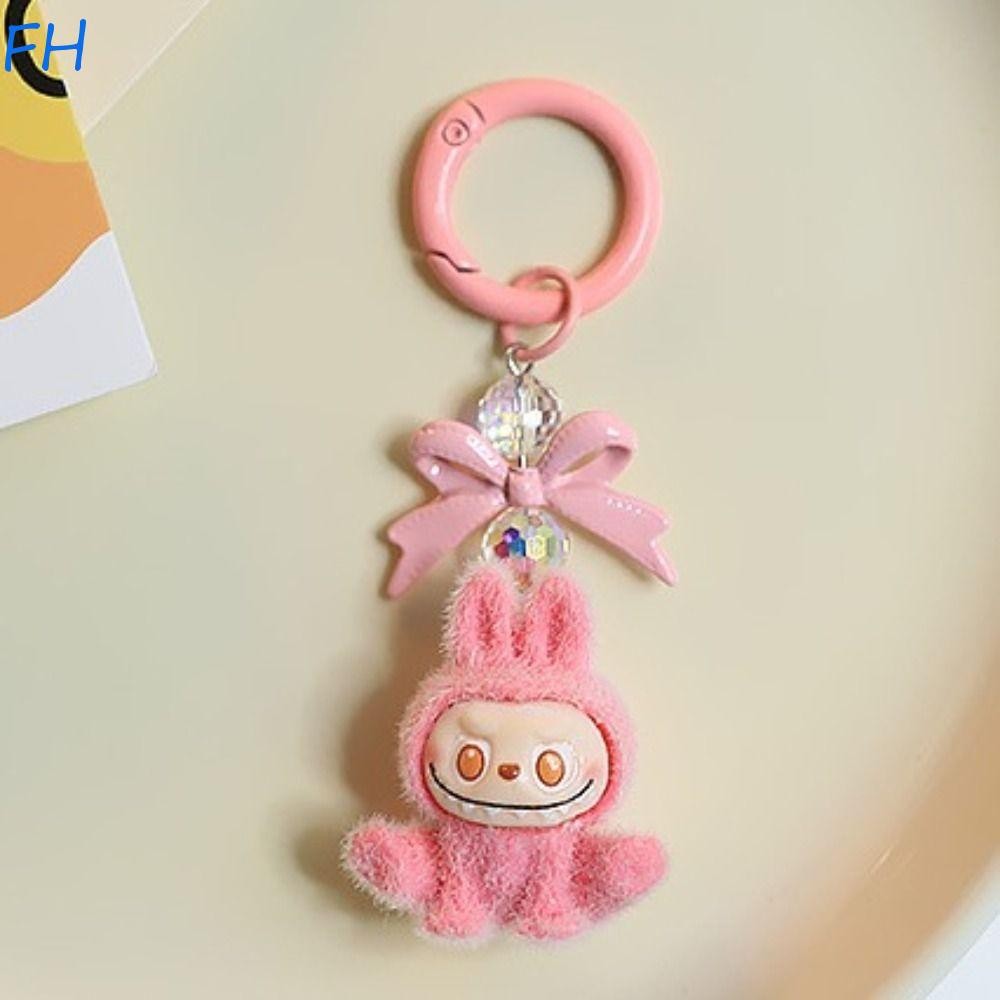 FENGHA Sit Down Labubu Pendant, Beads Bow Flocking Labubu Key Ring ...
