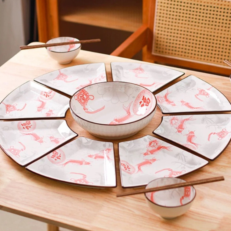 Fortune Fish Dining Set Chinese Ceramic Spoon Bowl Plate Serving Plate ...
