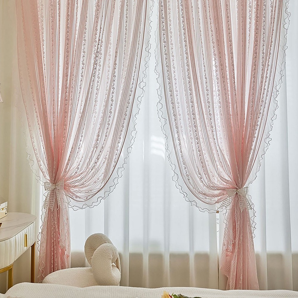 Princess Pink Floral Woven Lace Ruffled Curtain with Pearls Victorian ...