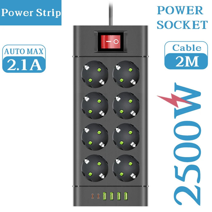 Okaygo Socket Extension Cord 6/8/10 Electrical Socket with 4 USB 2 Type ...