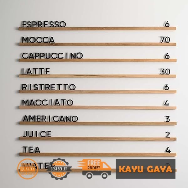 Kayu Gaya | Menu Board Display Plywood Letters on Wooden Rails Menu ...