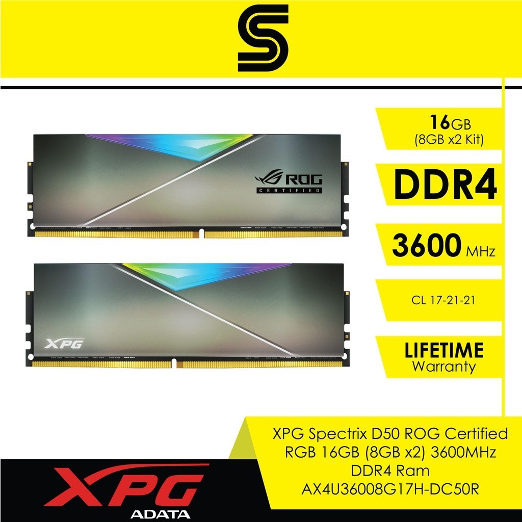 XPG Spectrix D50 ROG Certified RGB 16GB (8GB x2) 3600MHz DDR4 Ram ...