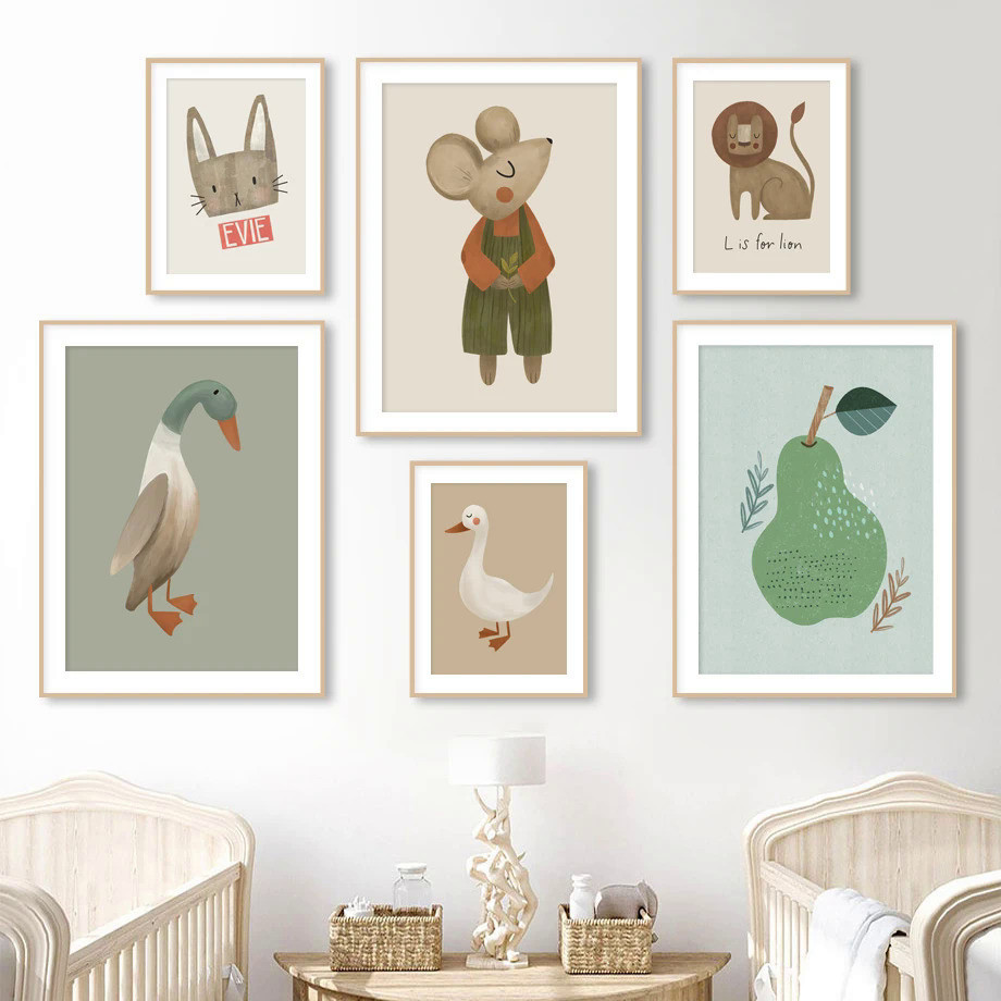 Cartoon Mouse Goose Lion Rabbit Duck Wall Art Canvas Painting Nordic ...