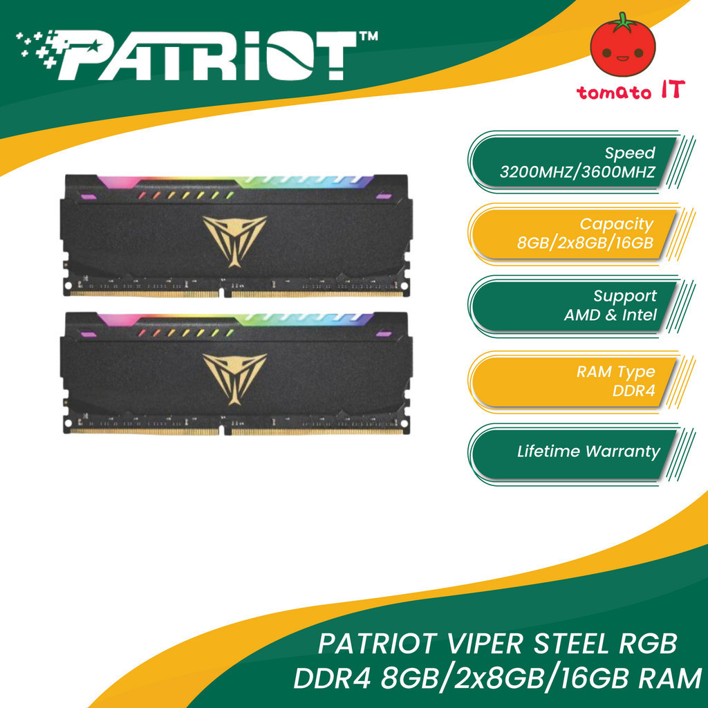 PATRIOT Viper Steel RGB DDR4 Memory 8GB/16GBx1/16GB(8x2) - 3200Mhz ...