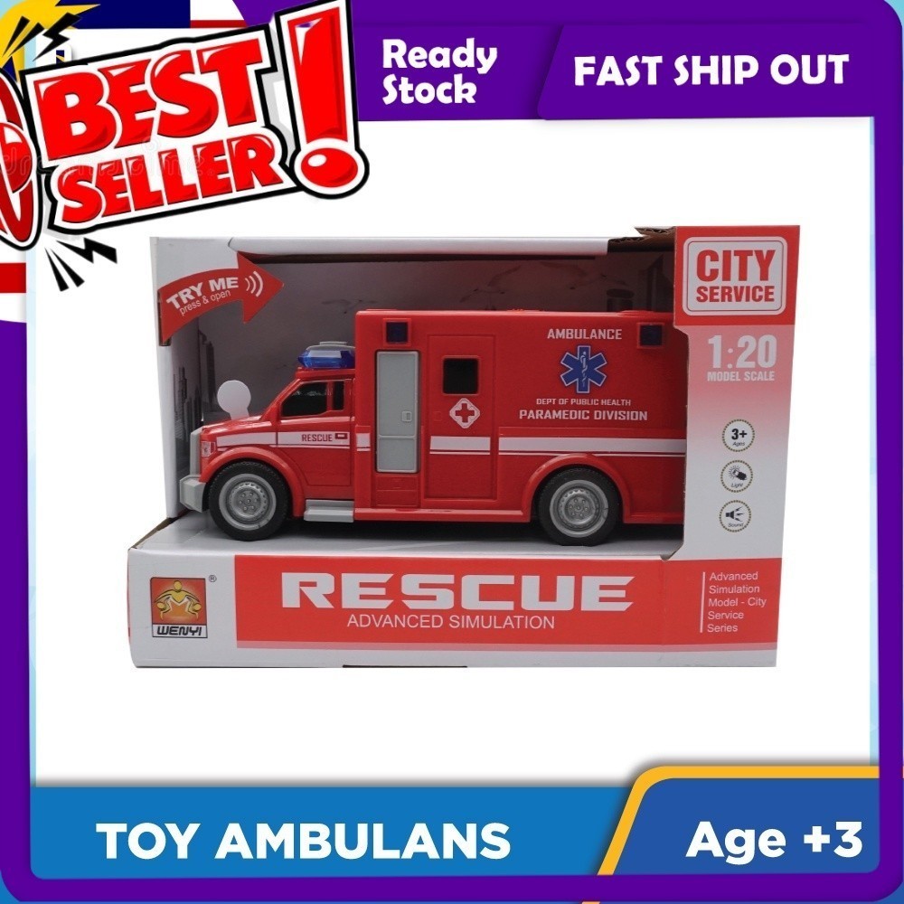 Lori Ambulan Mainan, Rescue Ambulance Model Scale with Light & Sound ...