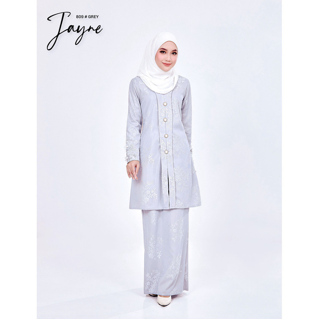JAYNE KURUNG MODERN (GREY) BAJU MINI RAYA COTTON EMBROIDERY LACE PLAIN ...