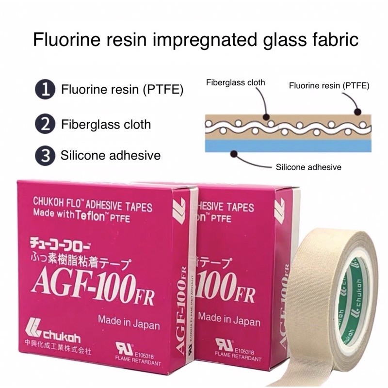CHUKOH AGF-100FR 13mm / 19mm / 25mm Teflon PTFE Adhesive Tape Japan Glass Cloth Tape Heat ...