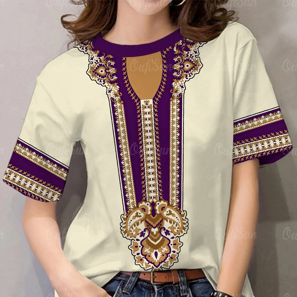 Ethnic Style Retro Women's T- shirt Round Neck Short-Sleeved Shirt For ...